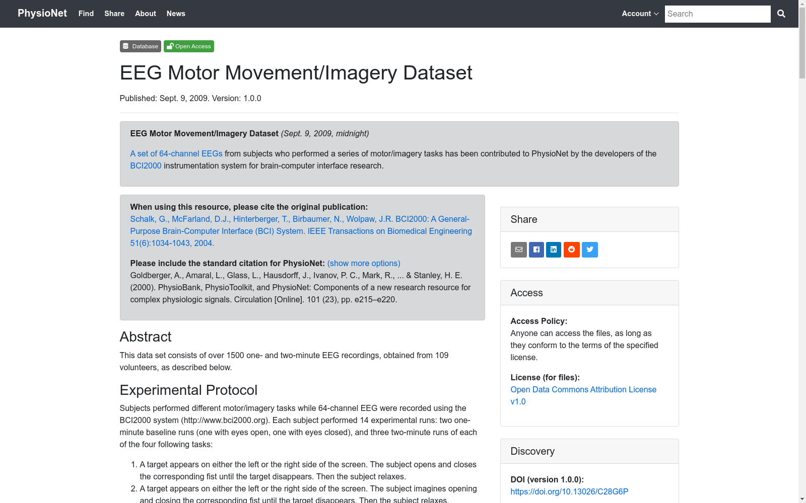 PhysioNet EEG Motor Movement/Imagery Dataset|脑机接口数据集|运动想象数据集
