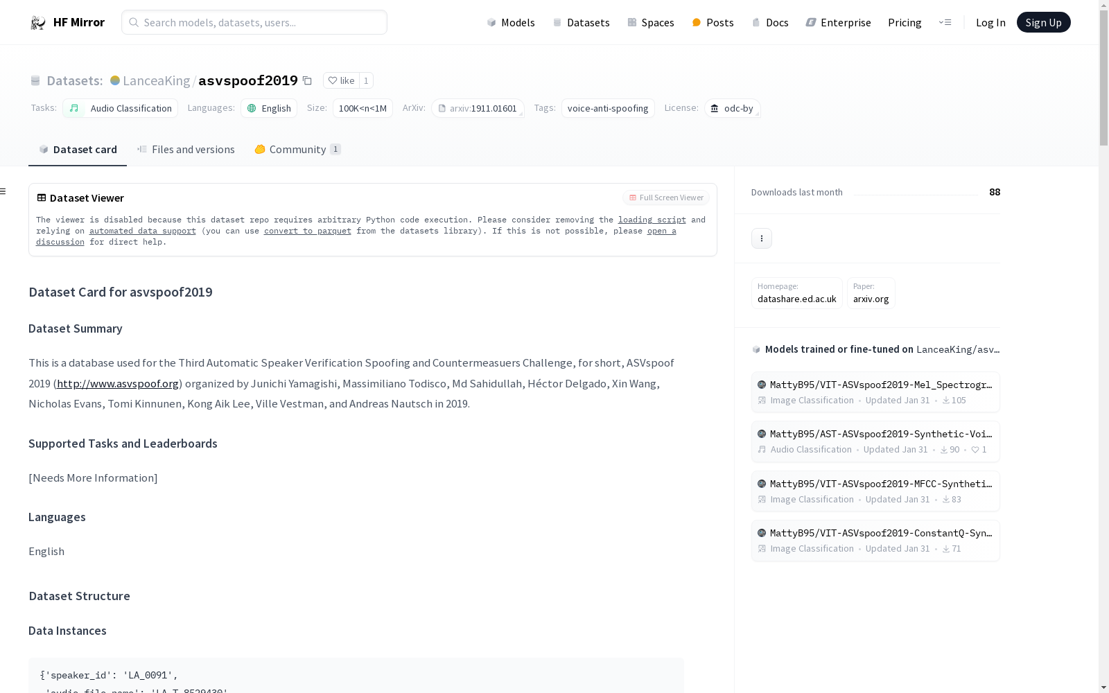 LanceaKing/asvspoof2019|说话人验证数据集|欺骗检测数据集