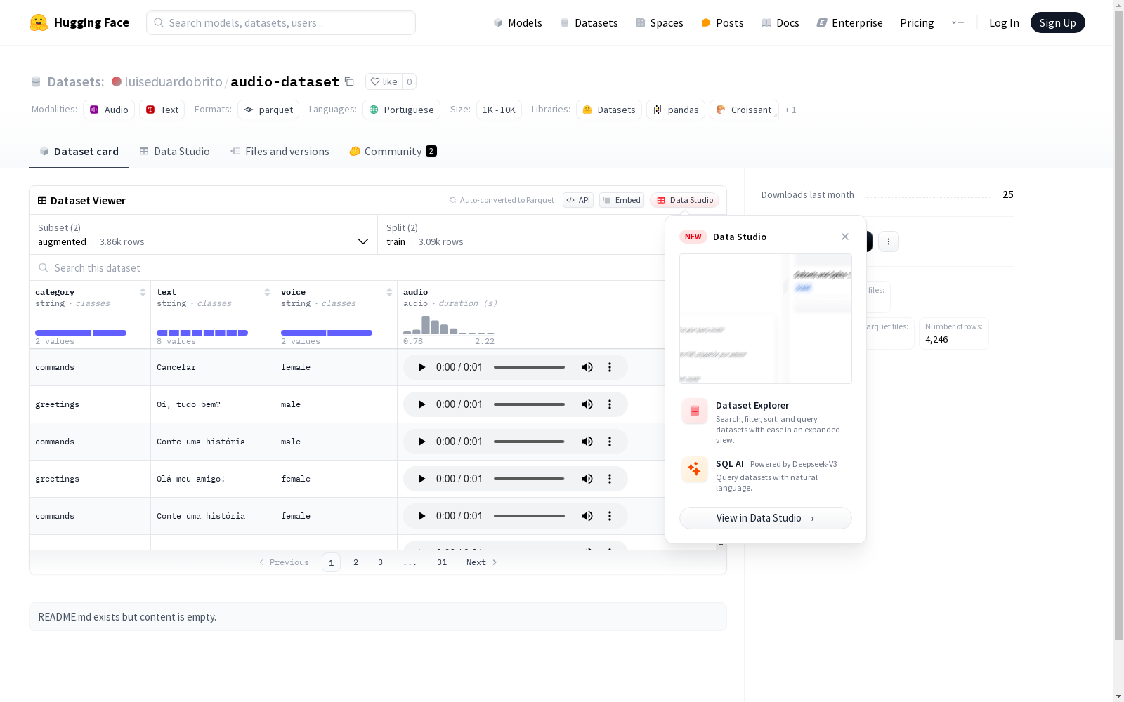 发布 audio-dataset 数据集, 应用在 音频处理、语音识别 领域