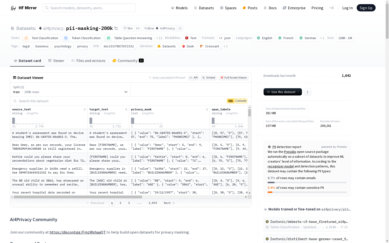ai4privacy/pii-masking-200k|隐私保护数据集|数据掩蔽数据集