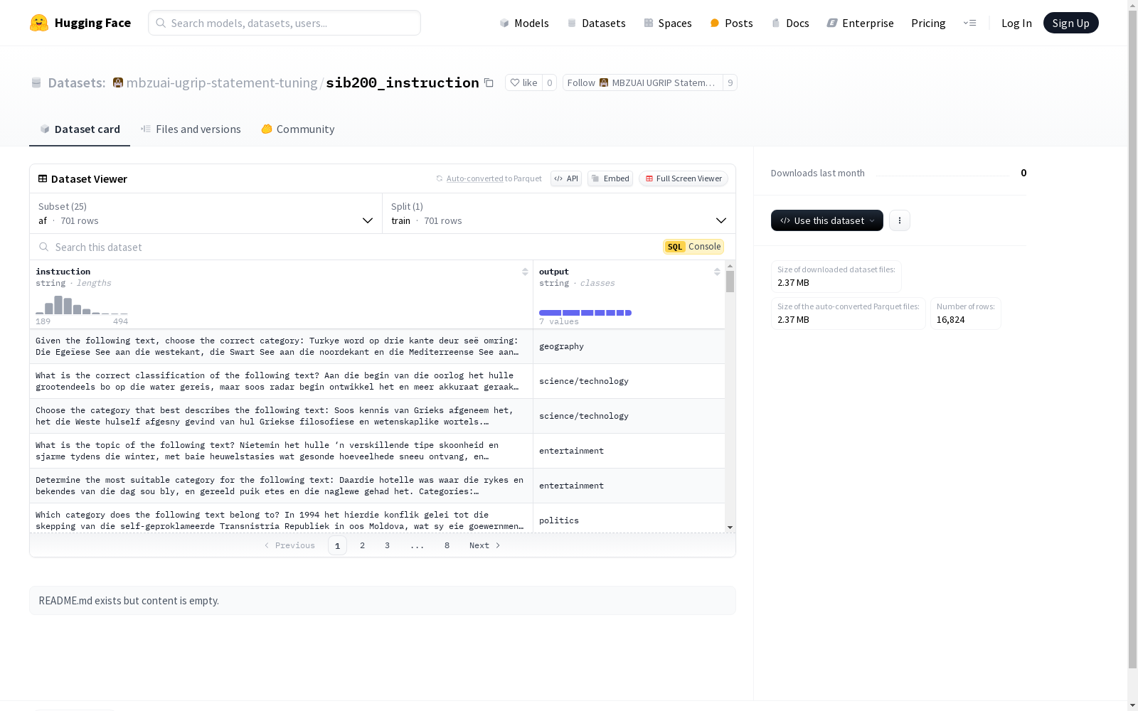 MBZUAI UGRIP Statement Tuning 发布 sib200_instruction 数据集, 应用在 自然语言处理、多语言 领域