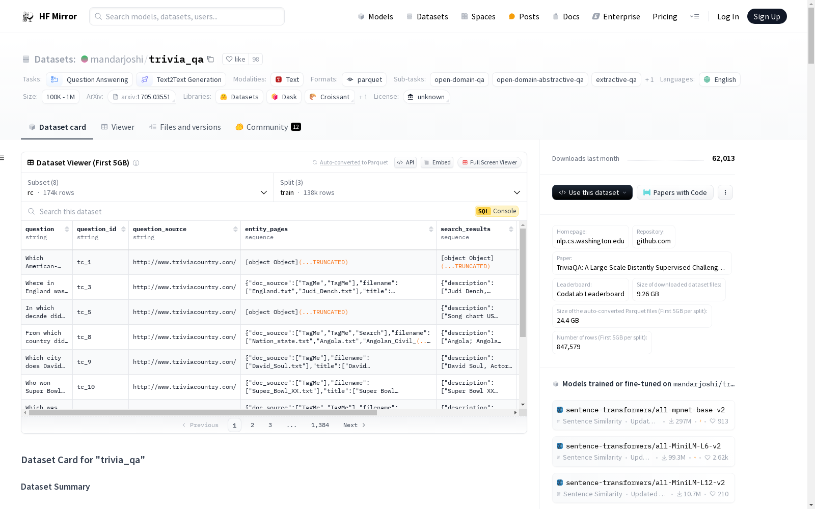 mandarjoshi/trivia_qa|阅读理解数据集|自然语言处理数据集