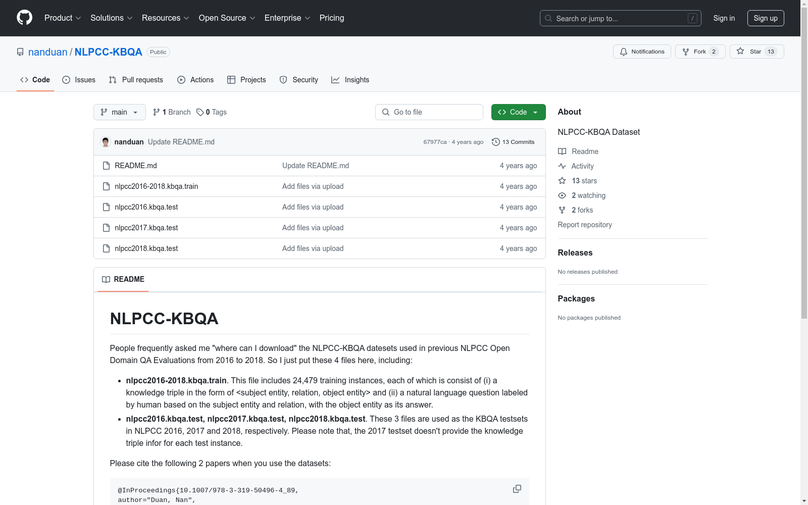 NLPCC-KBQA|自然语言处理数据集|知识库问答数据集