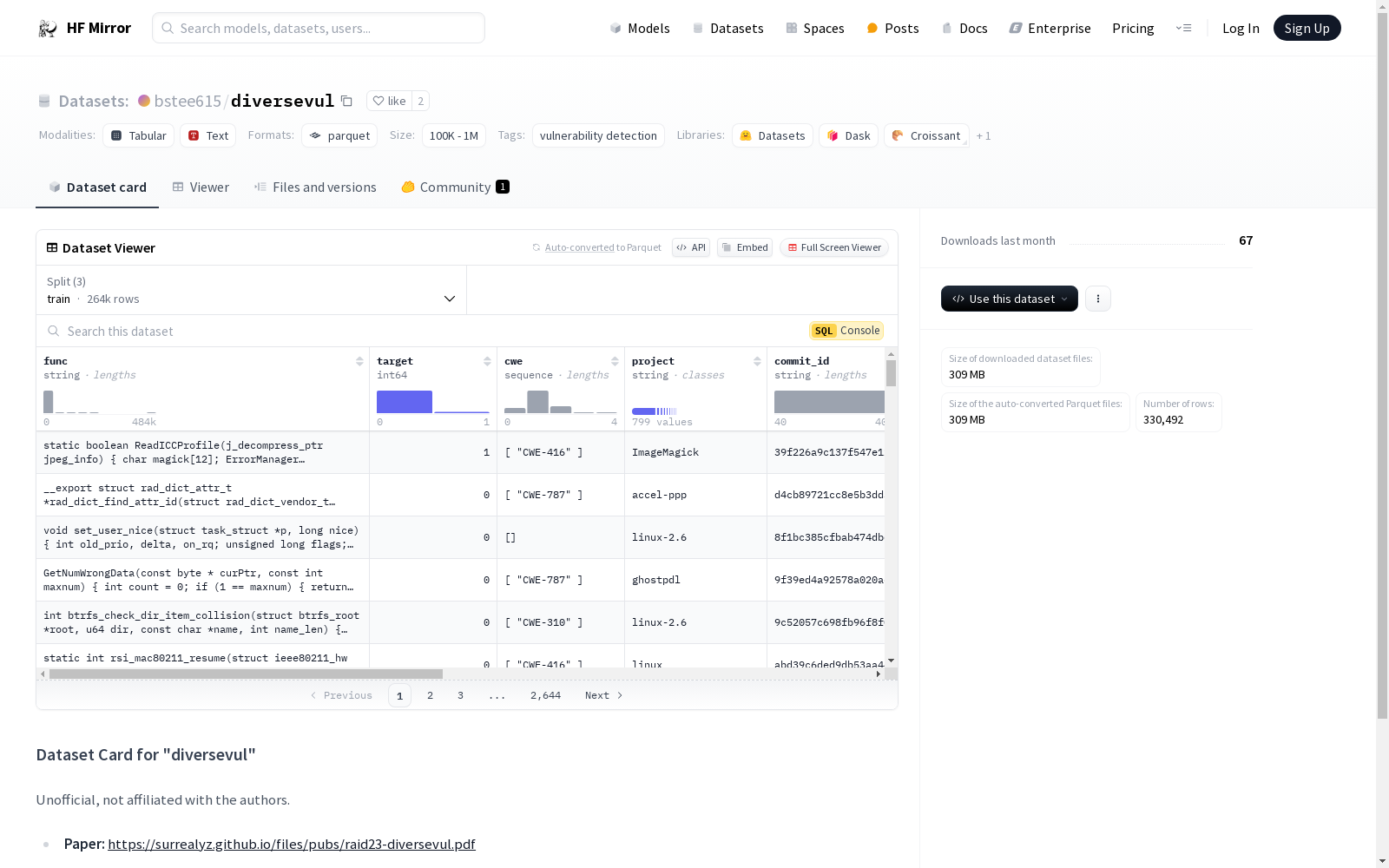 benjis/diversevul|漏洞检测数据集|软件安全数据集